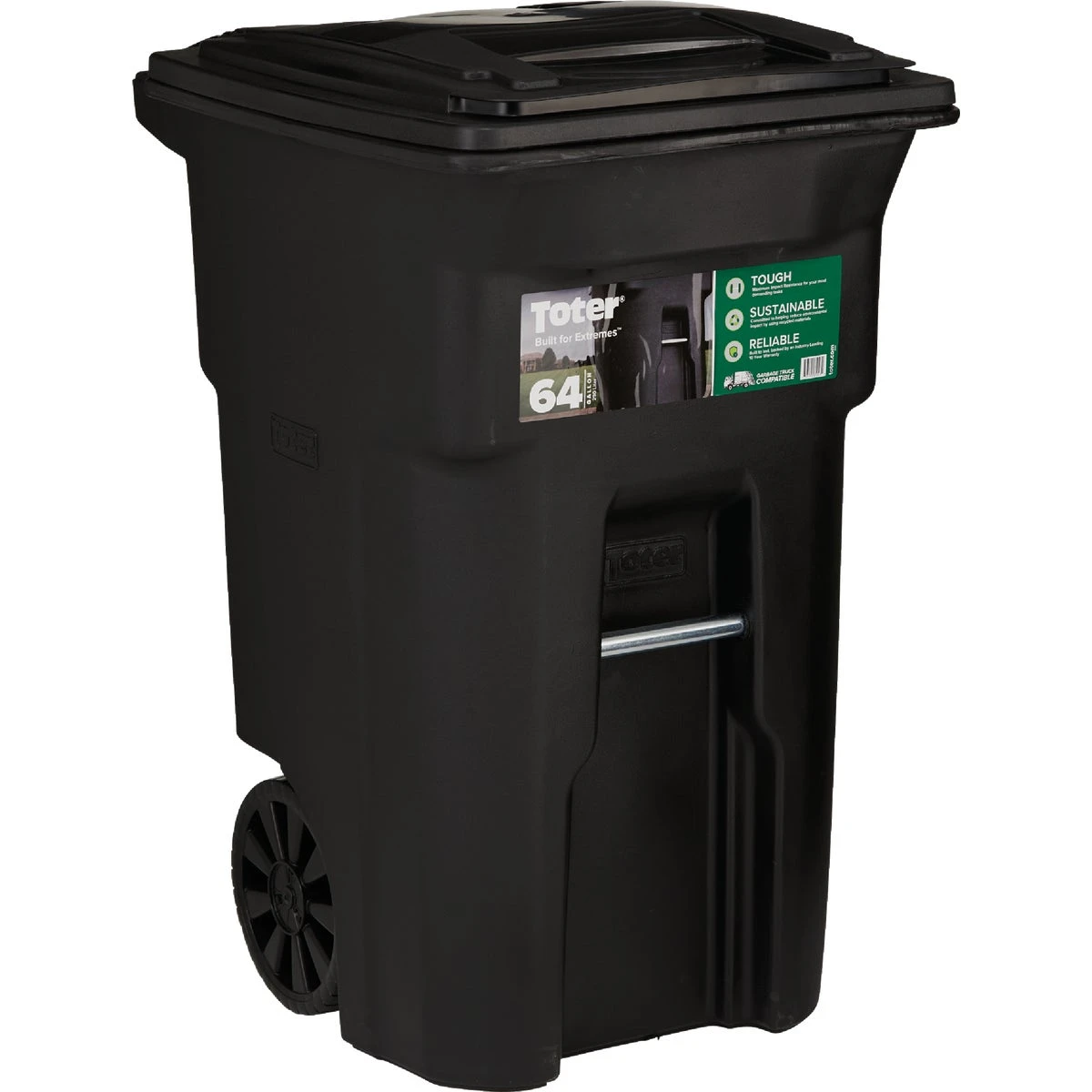 Toter 64 Gallon Black Outdoor Trash Can with Wheels and Attached Lid ...