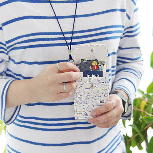 Indigo World map pocket card case holder with neck strap fallindesign
