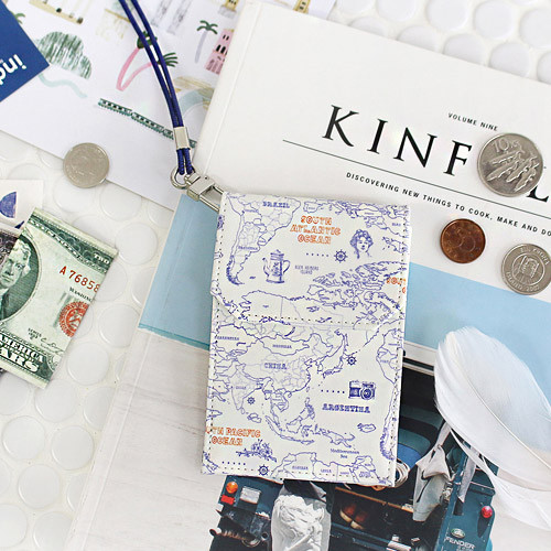 Indigo World map pocket card case holder with neck strap fallindesign
