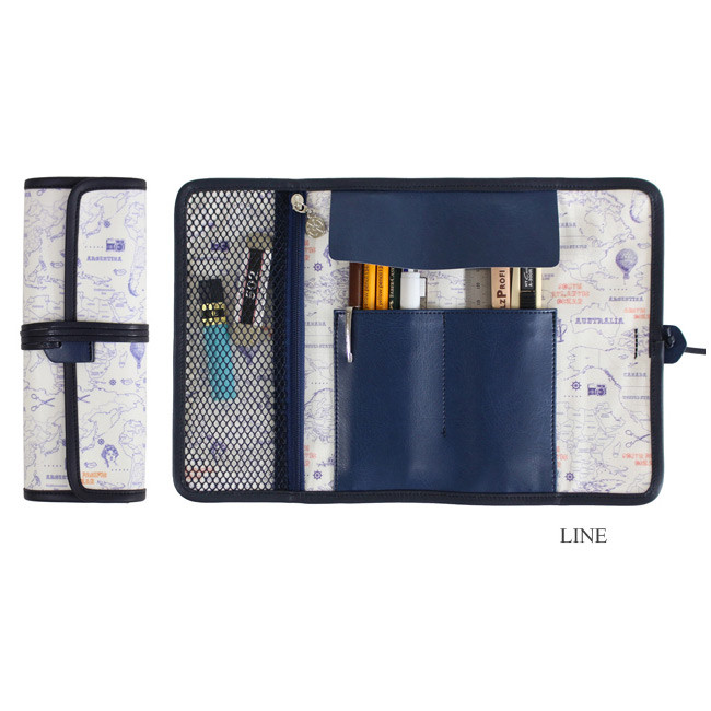 Indigo World map pattern roll pencil case - fallindesign.com