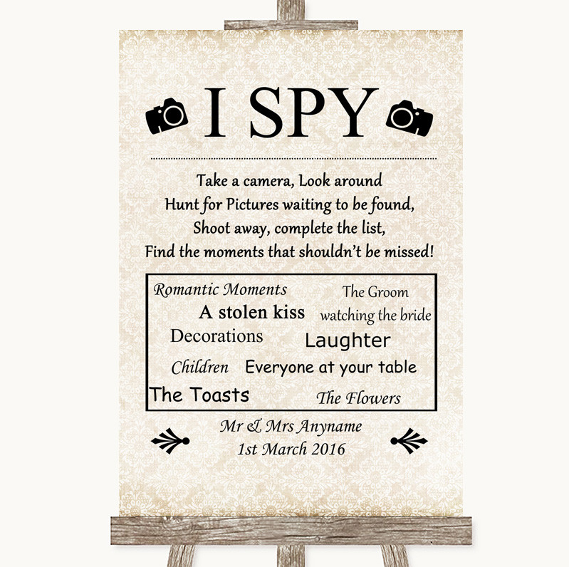 Shabby Chic Floral I Spy Disposable Camera Personalised Wedding Sign ...