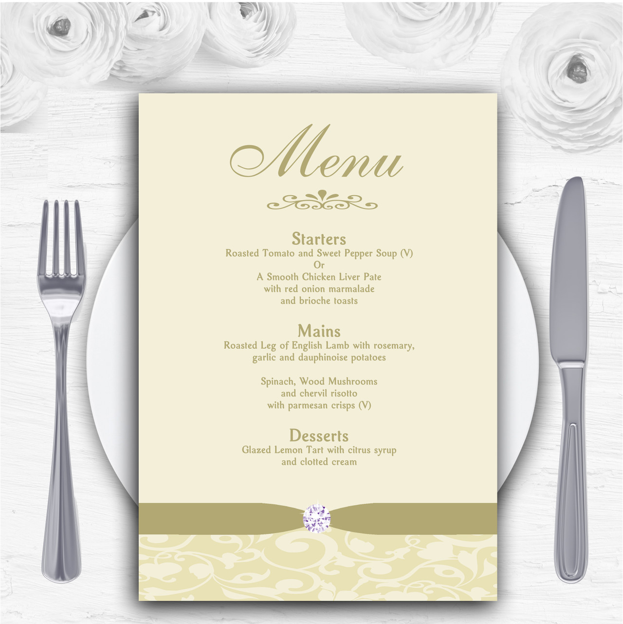 Cream Pale Gold Beige Floral Damask Diamante Personalised Wedding Menu ...