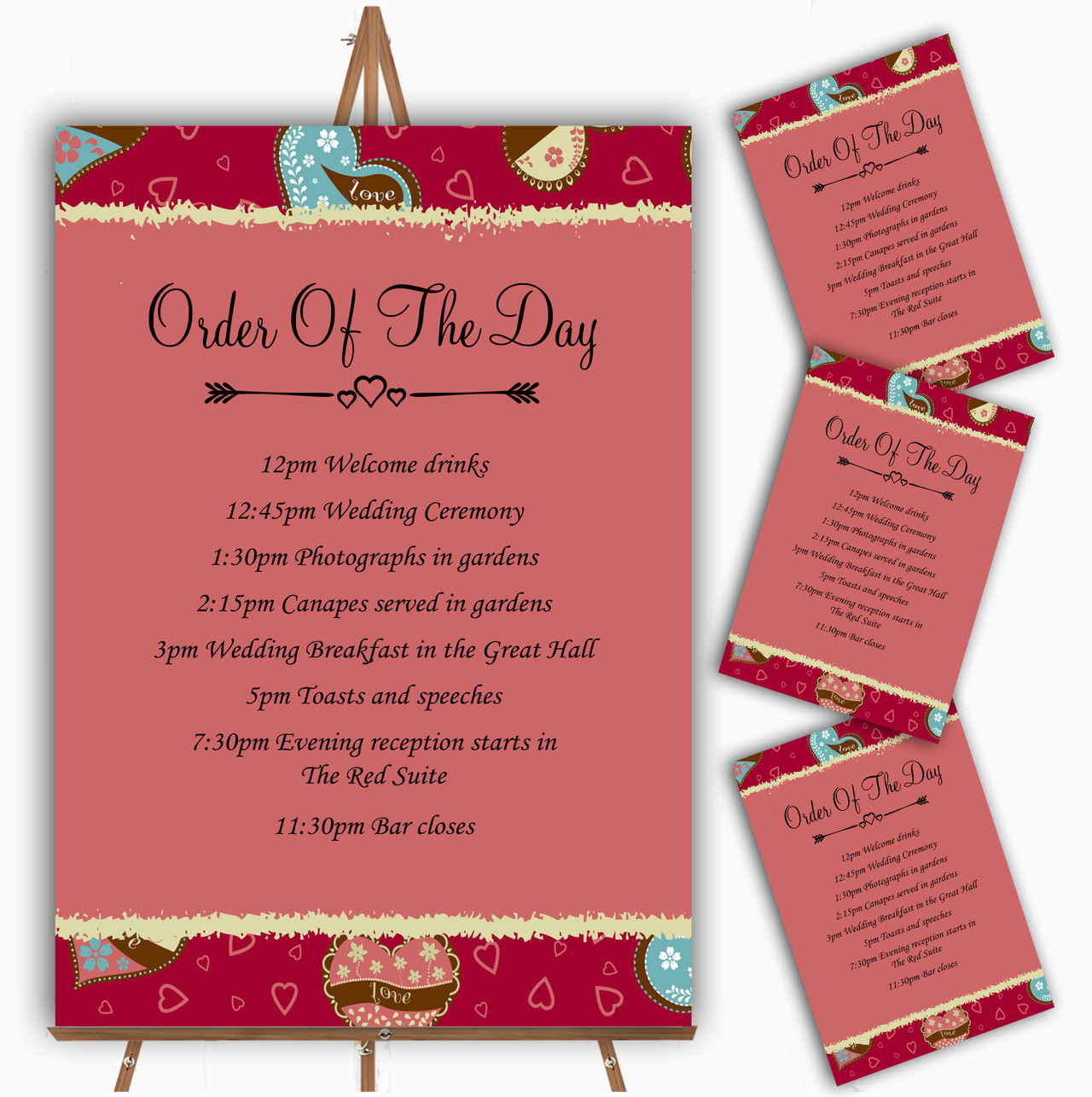 Modern Red Fun Love Hearts Personalised Wedding Order Of The Day Cards ...