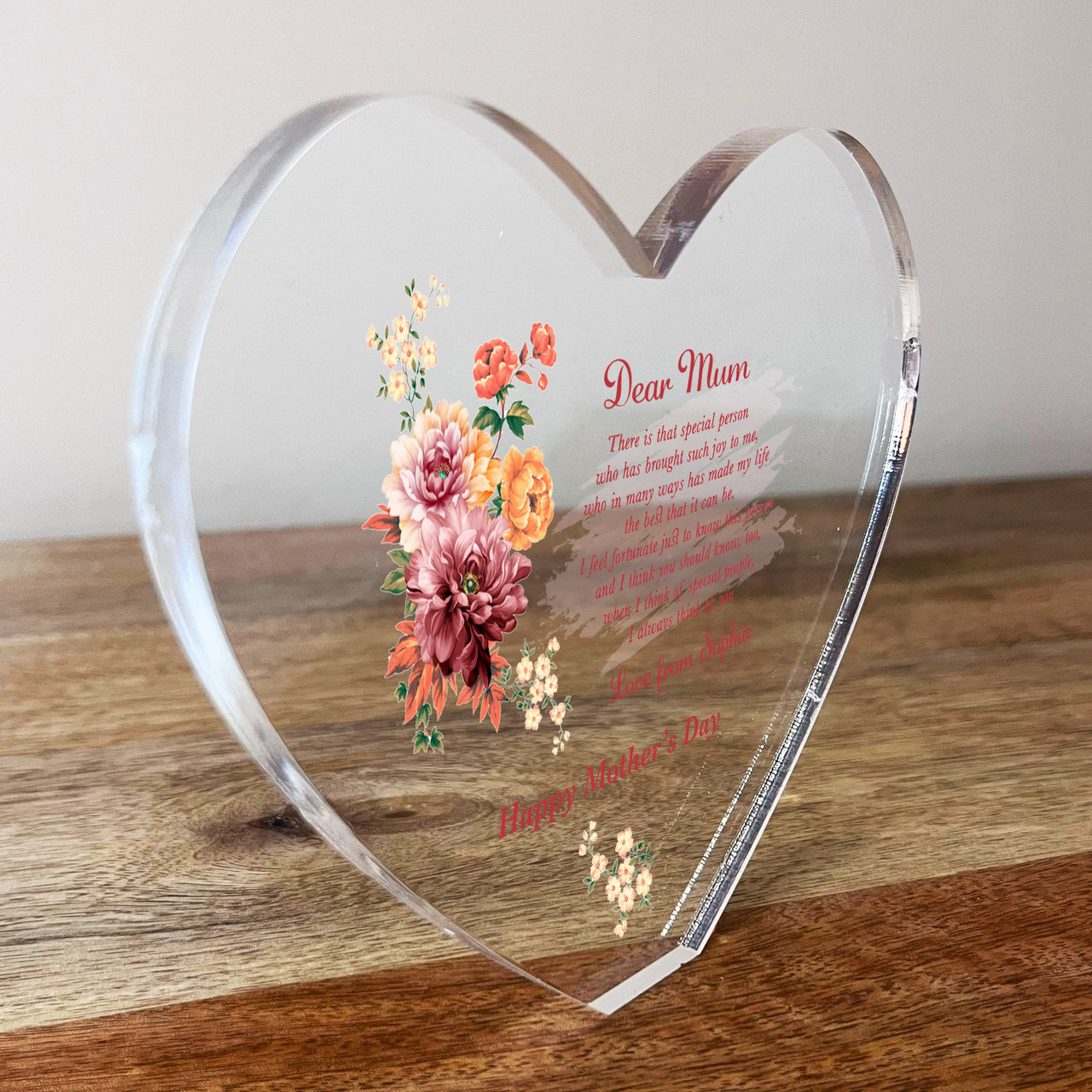 Floral Mum Mother's Day Poem Clear Heart Shaped Personalised Acrylic ...