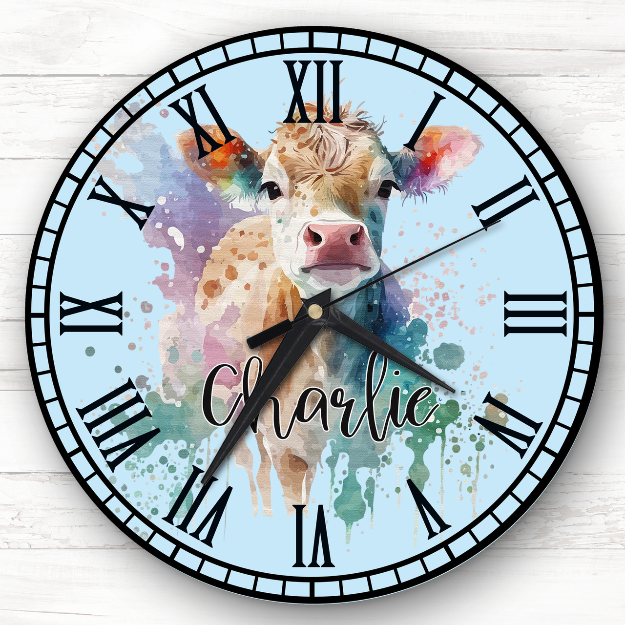Cow Blue Colourful Watercolour Personalised Gift Personalised Clock ...
