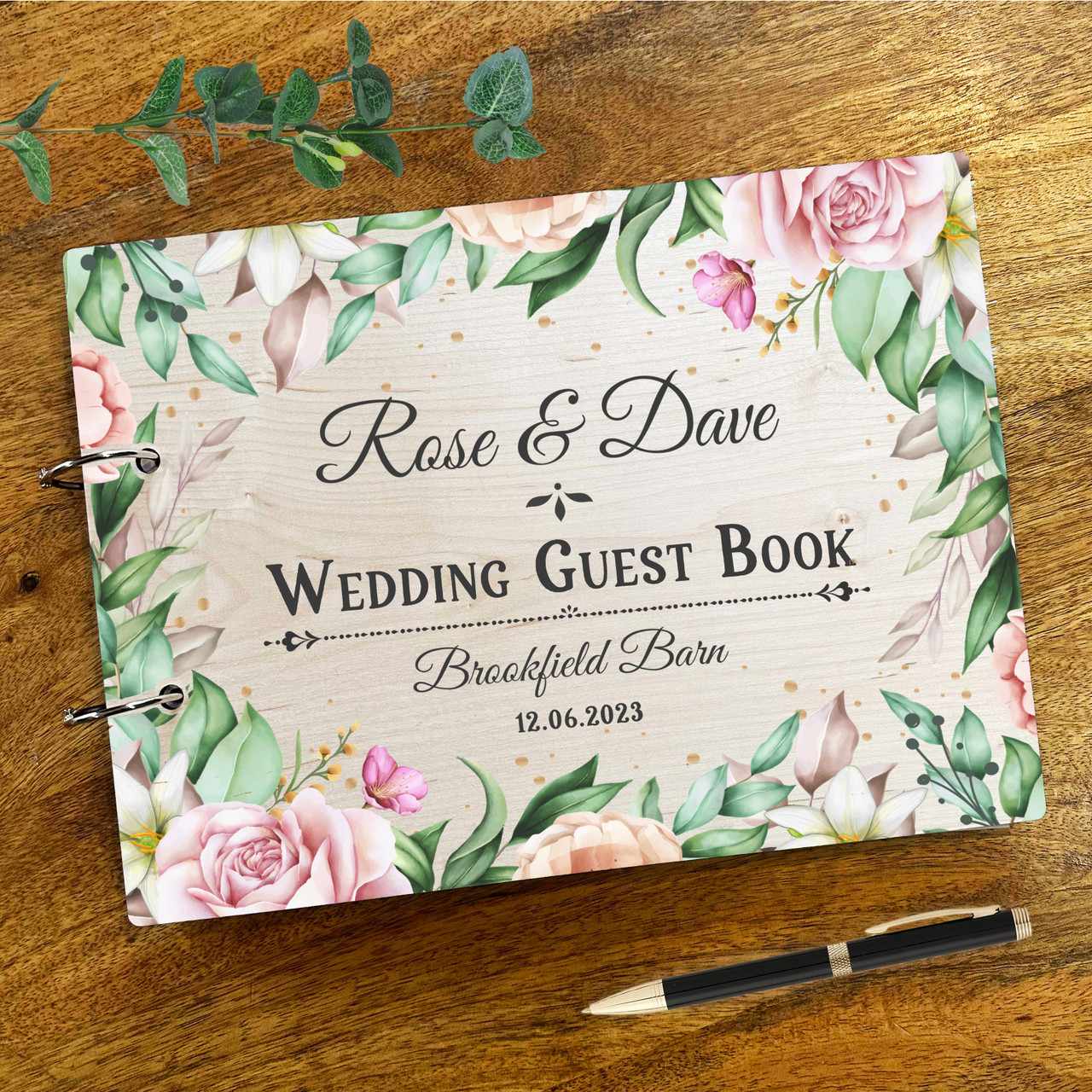 Wood Floral Frame Message Notes Keepsake Wedding Guest Book - The Card Zoo