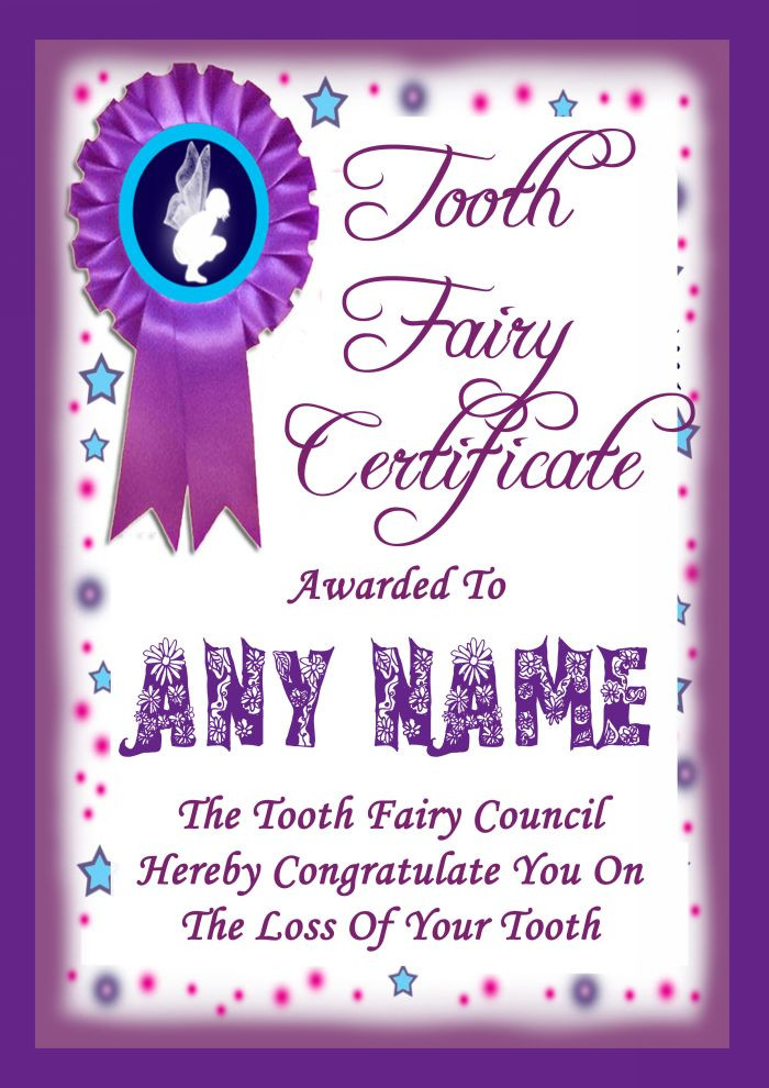 Tooth Fairy Lost Tooth Personalised Award Certificate Purple - The Card Zoo