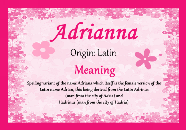 Adrianna Personalised Name Meaning Certificate - The Card Zoo