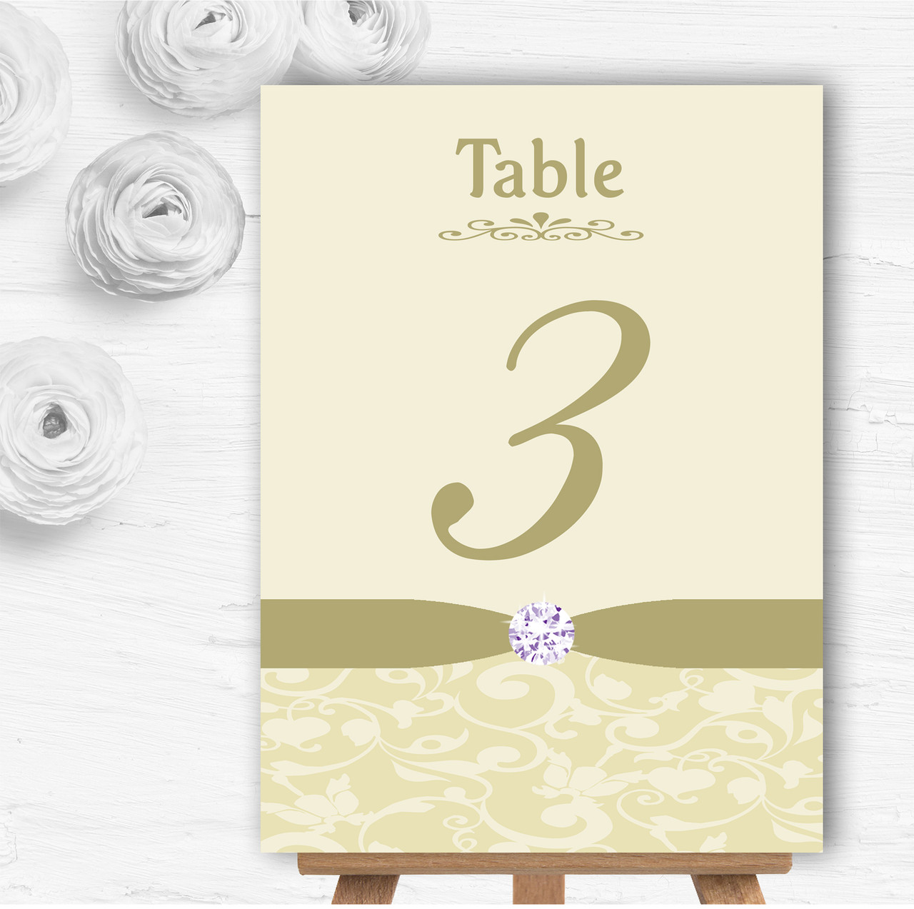 Cream Pale Gold Beige Floral Damask Diamante Wedding Table Number Name ...