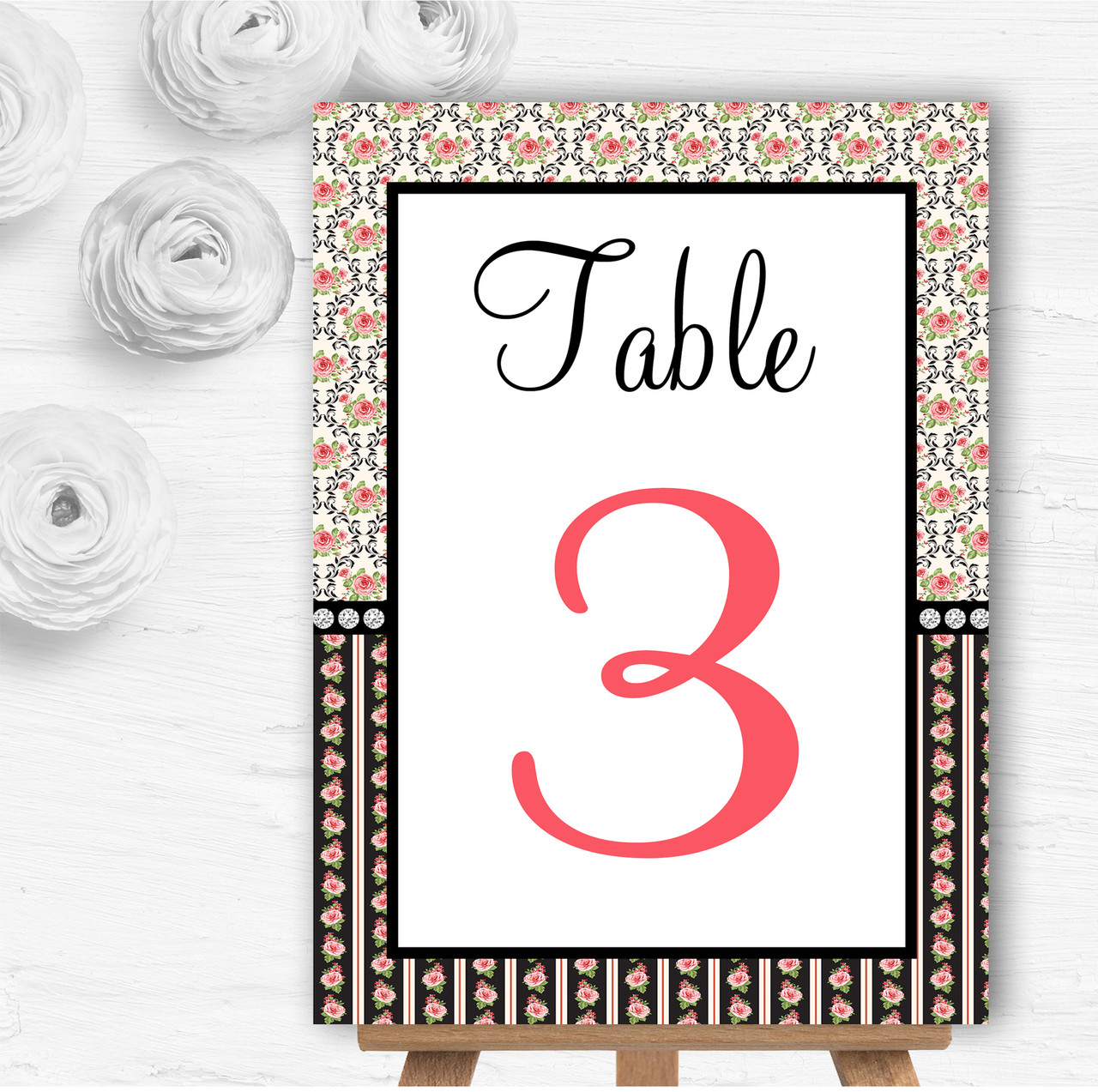 Black And Pink Shabby Chic Rose Tea Stripes Wedding Table Number Name ...