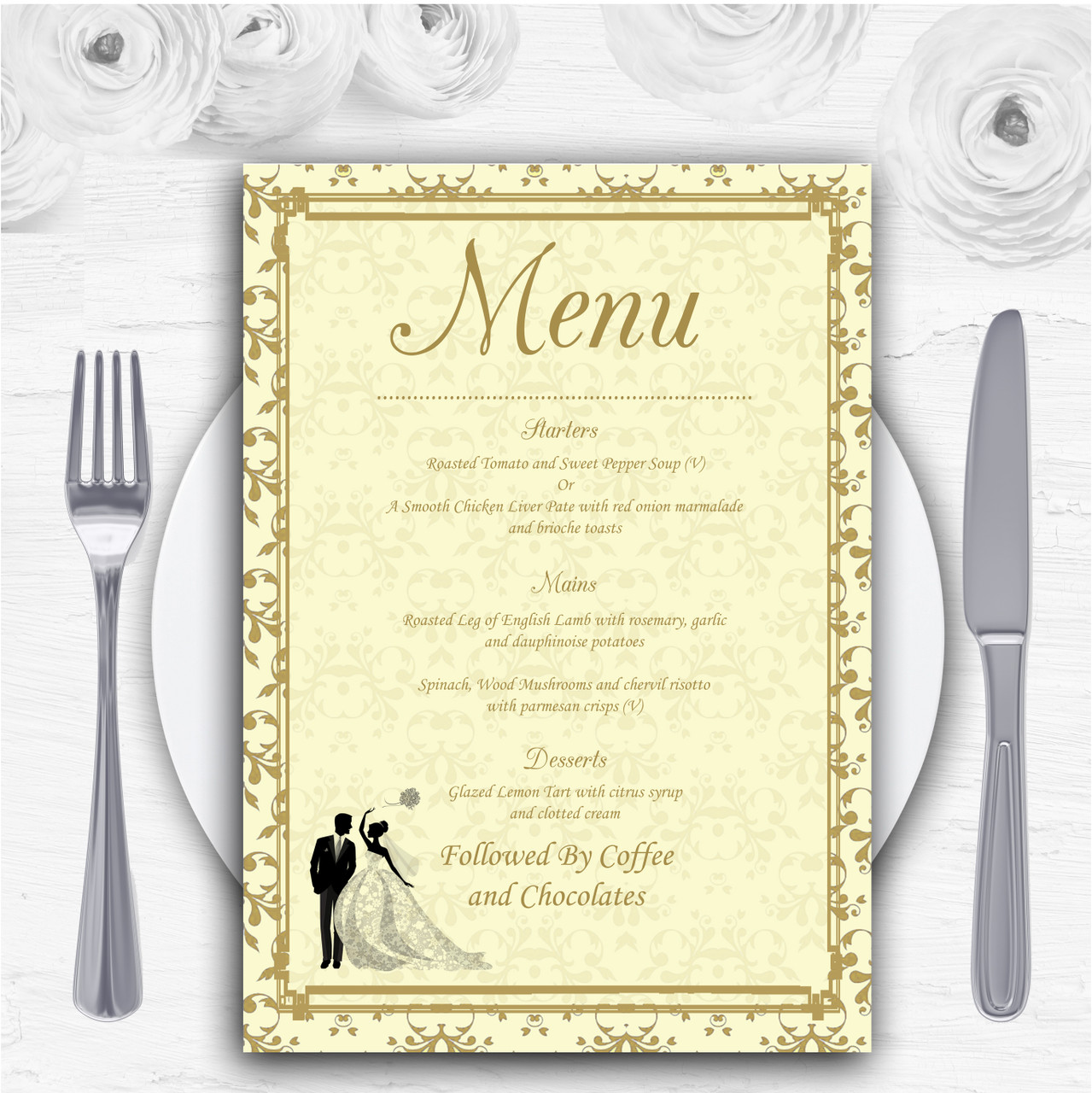 Gold Yellow Classic Personalised Wedding Menu Cards - The Card Zoo