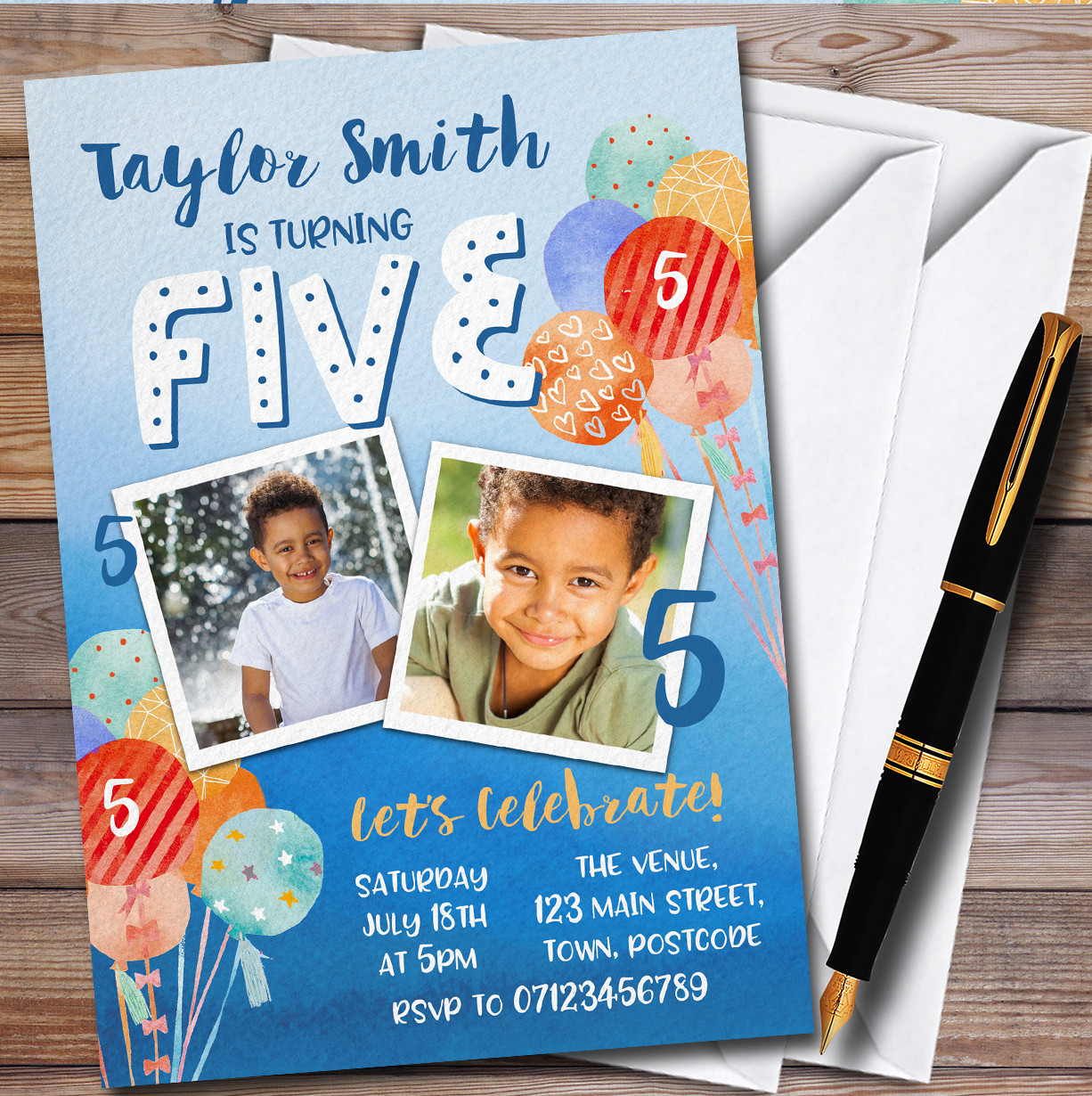 5th Birthday Boy Photo Balloons Children's Birthday Party Invitations ...