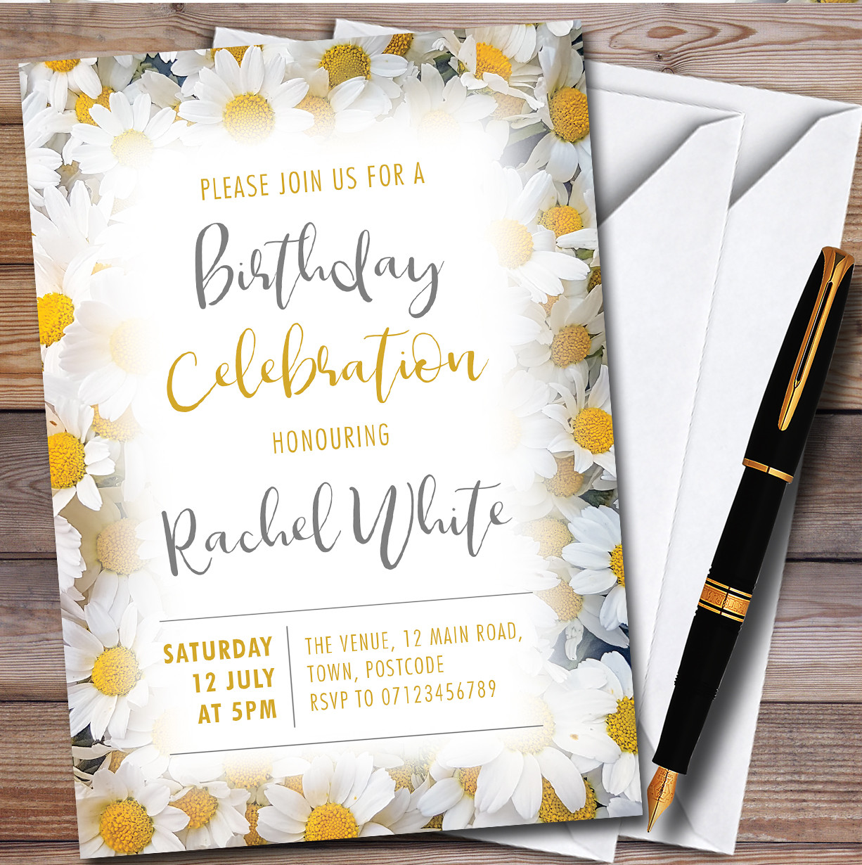 Daisy Flower Border Personalised Birthday Party Invitations - The Card Zoo