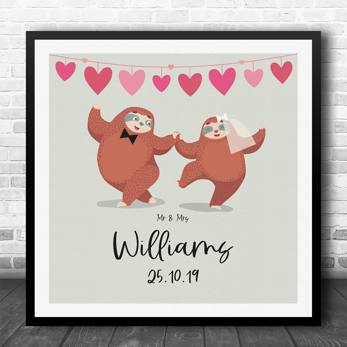 Square Sloths Dancing Anniversary Wedding Date Heart Personalised Gift ...