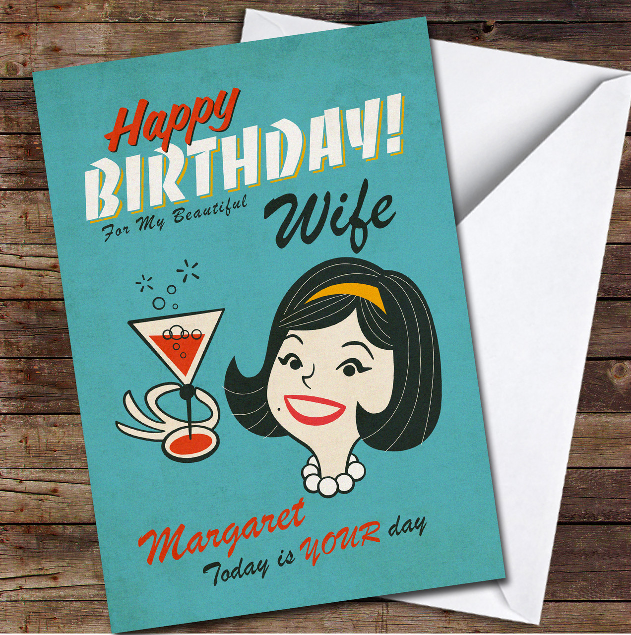 Wife Teal Girl With A Drink Retro Style Paper Look Personalised ...