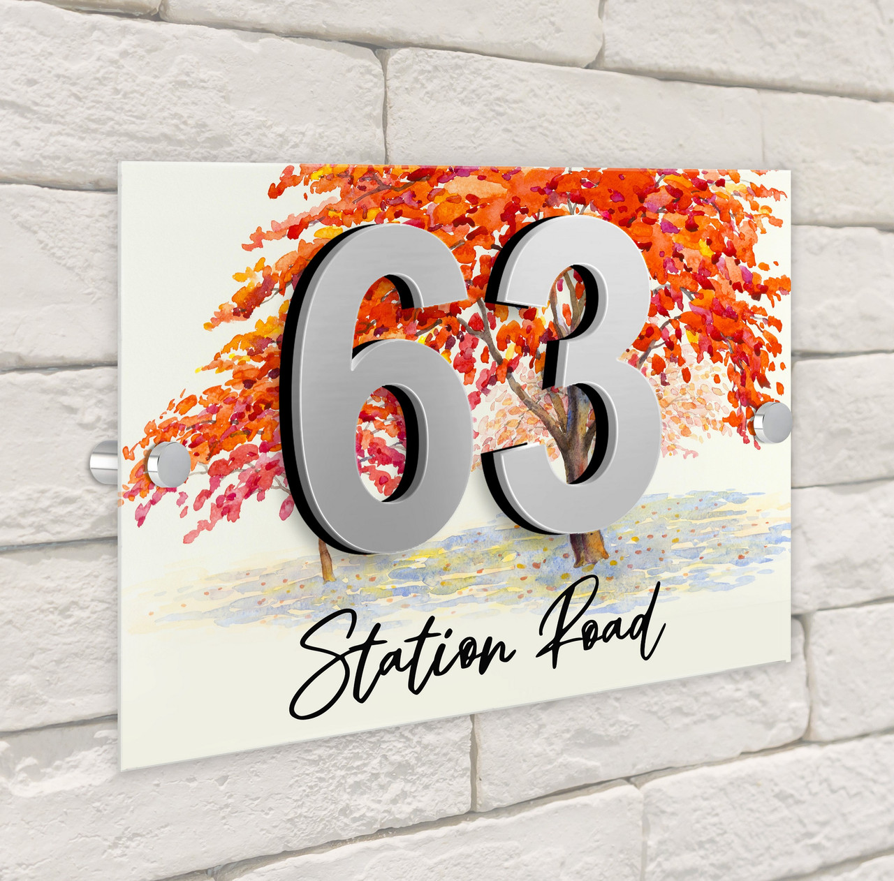 Autumn Tree 3D Acrylic House Address Sign Door Number Plaque - The Card Zoo