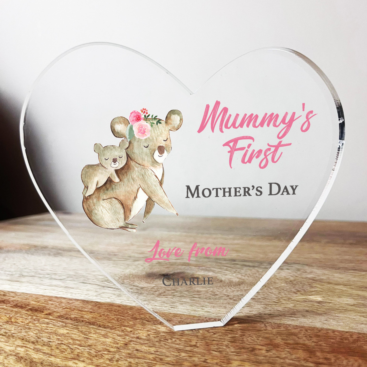 1st Mother's Day Mum With Baby Clear Heart Shaped Personalised Acrylic ...