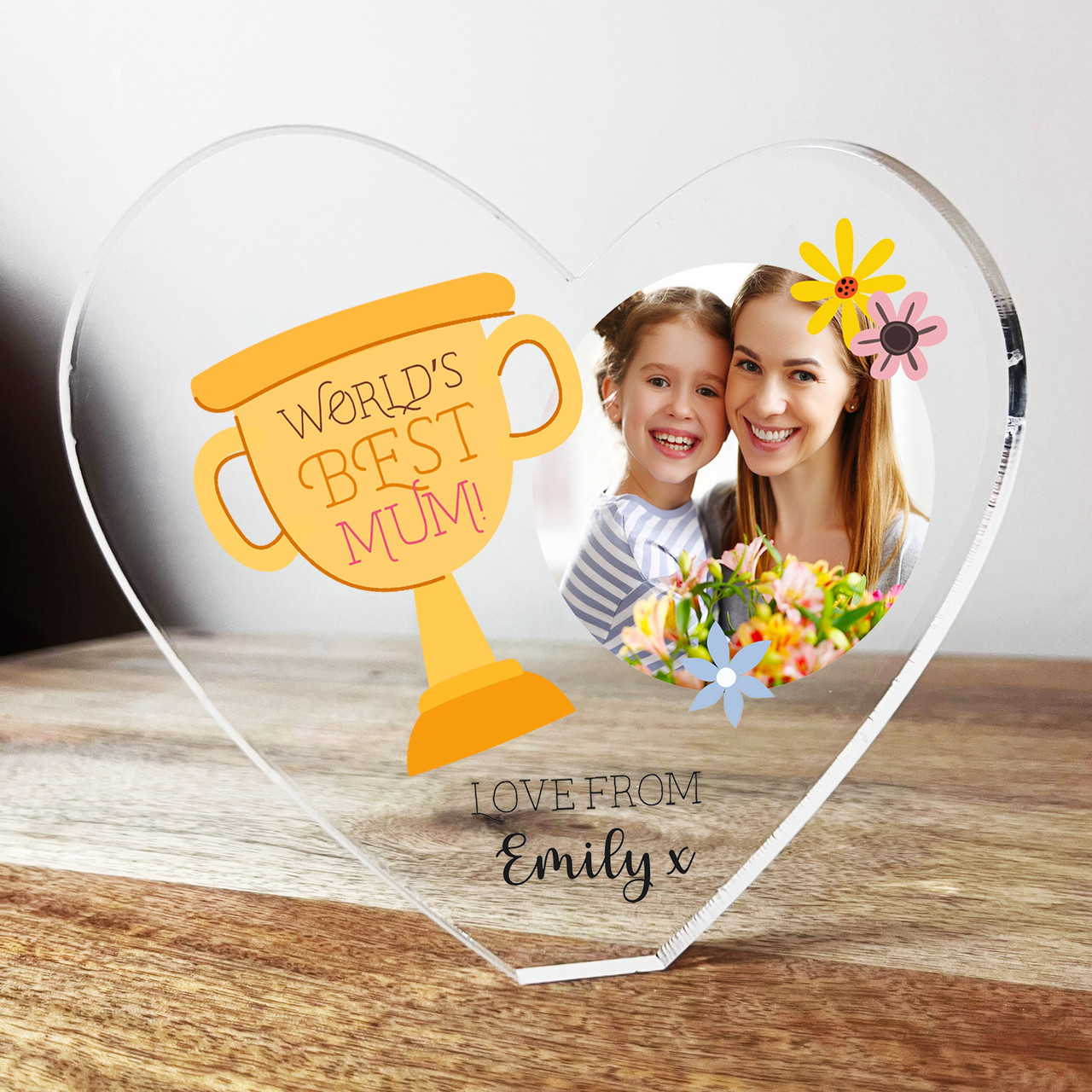 World's Best Mum Trophy Photo Clear Heart Shaped Personalised Acrylic ...
