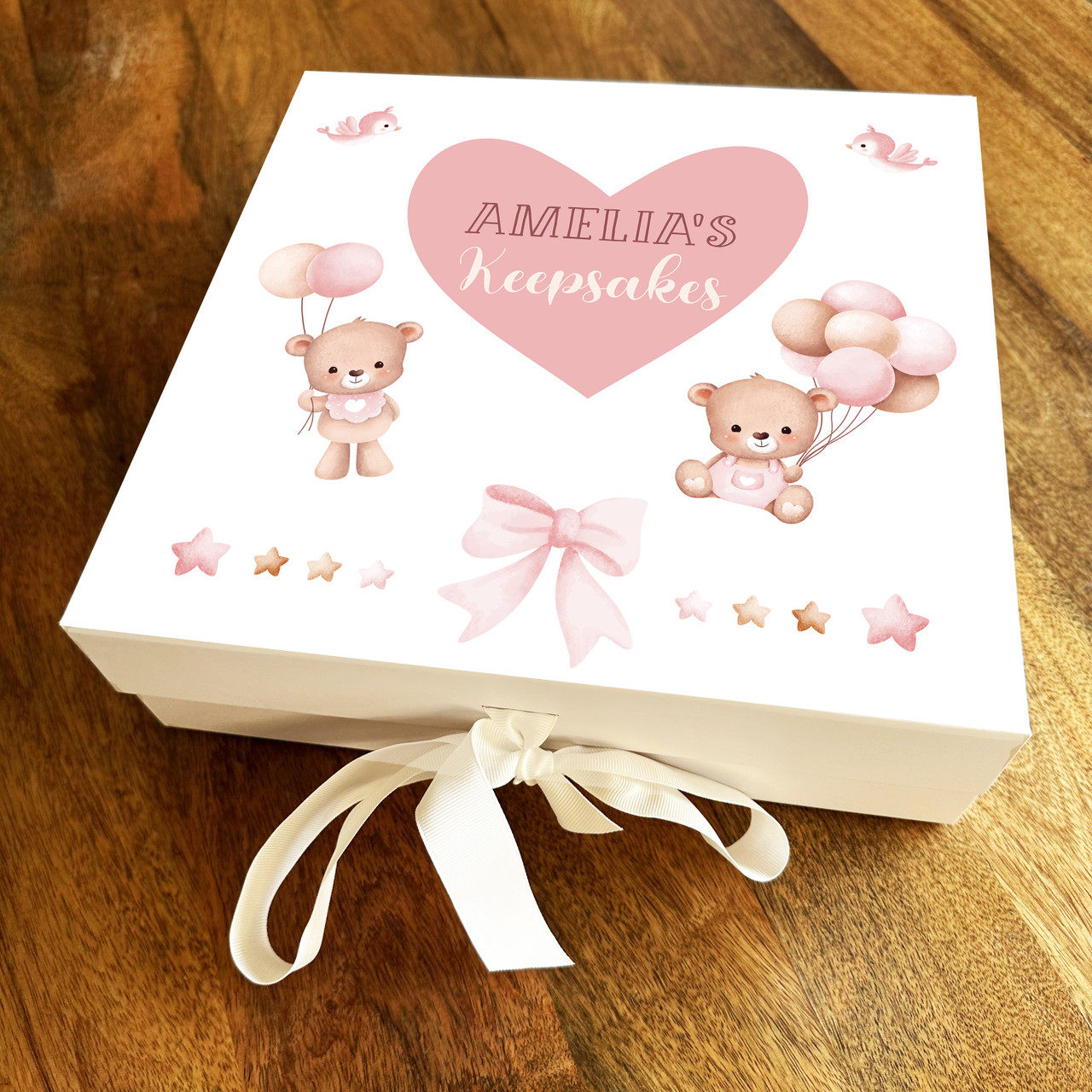 New Baby Girl Keepsakes Teddy Bear Cute Pink Bow Square Keepsake Box ...