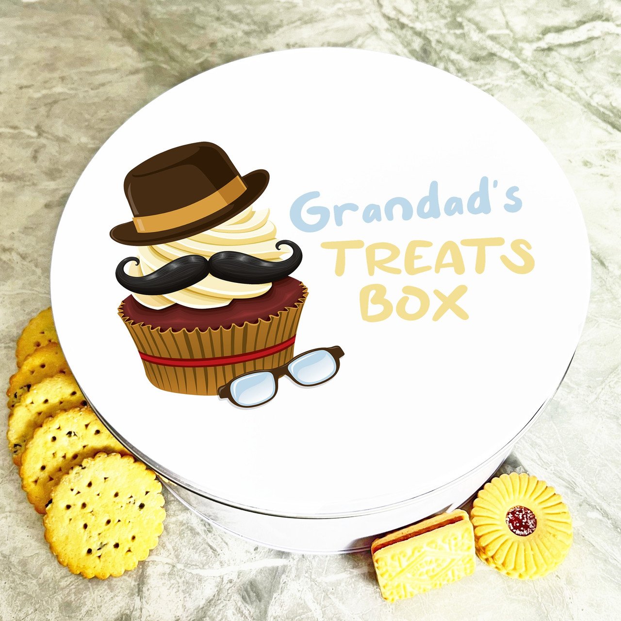 Round Moustache Cupcake Grandad's Treat Box Personalised Cake Tin - The ...