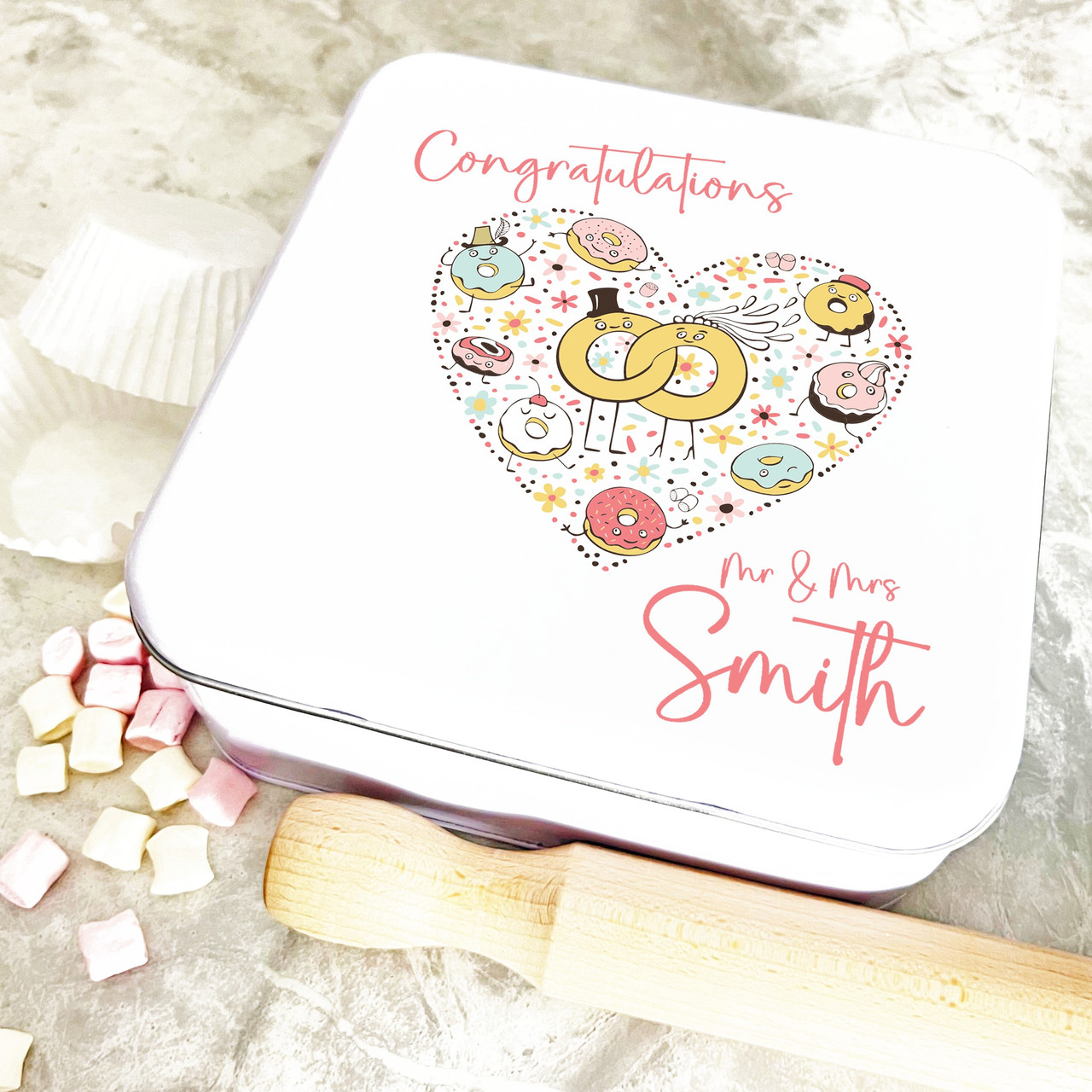 Square Heart and Funny Donuts Congratulations Personalised Treat Tin ...