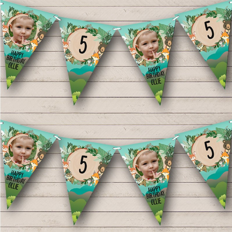 Forest Animals Kids Birthday Photo Age Personalised Party Banner ...