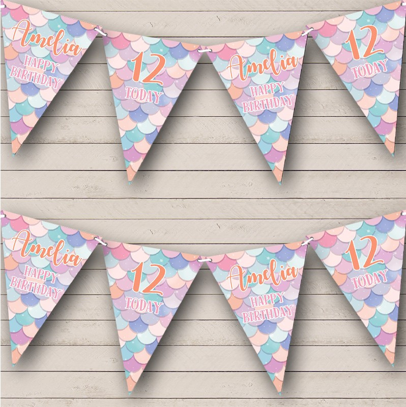 Pastel Mermaid Scale Happy Birthday Age Personalised Party Banner ...