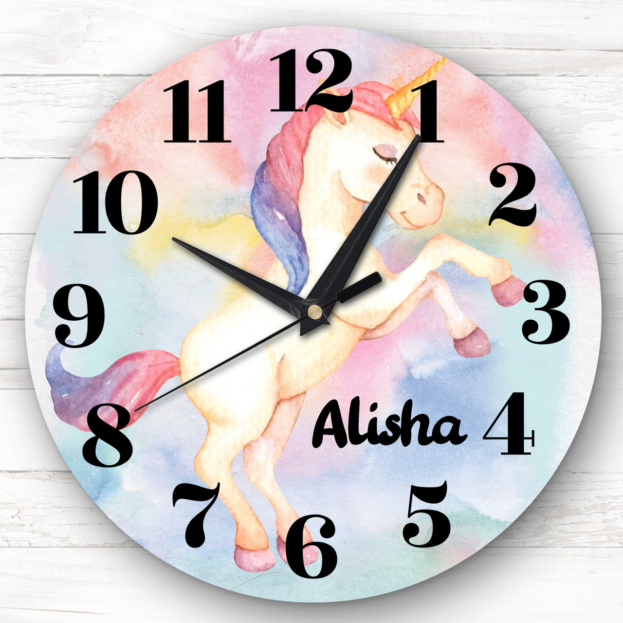 Watercolour Rainbow Unicorn Girls Room Custom Gift Personalised Clock ...