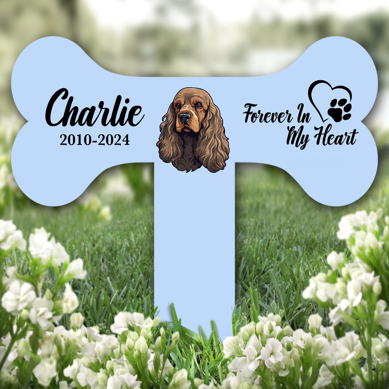 Bone Blue Cocker Spaniel Heart Pet Remembrance Grave Plaque Memorial ...