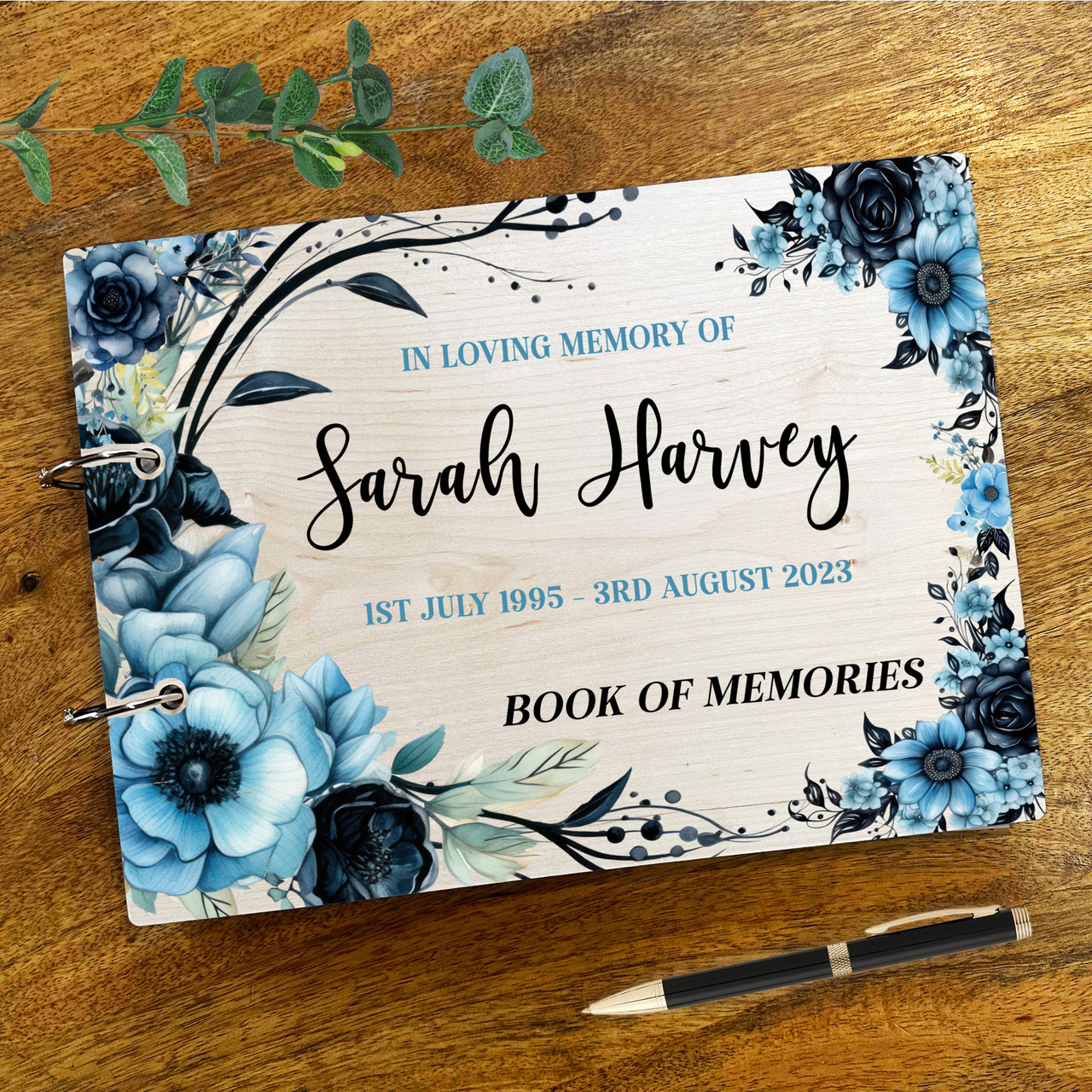 Wood Blue and Black Flowers Memorial In Loving Memory Photo Album ...