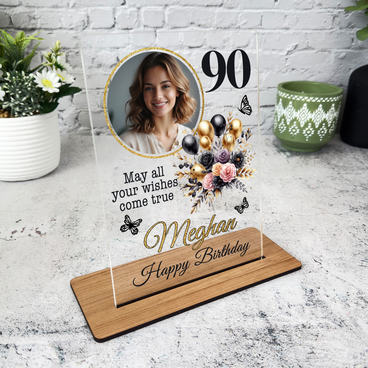 90th Birthday Gift For Her Black Gold Balloons Pink Photo Personalised Plaque The Card Zoo