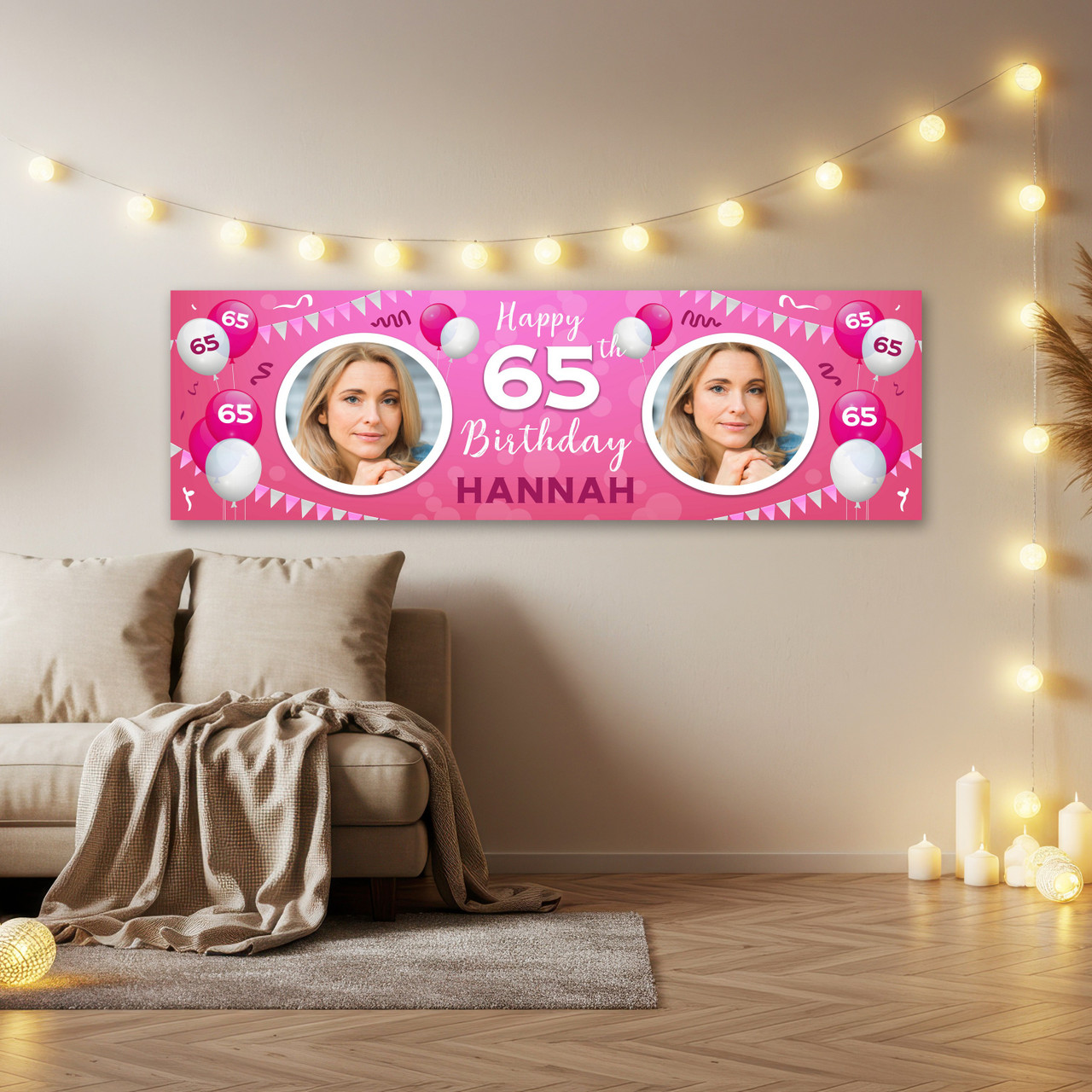 Personalised Party Banner For 65th Birthday With Photo Female Pink ...