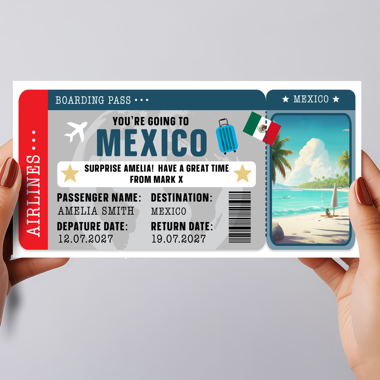 Mexico Beach Boarding Pass Personalised Gift Voucher Surprise Break ...