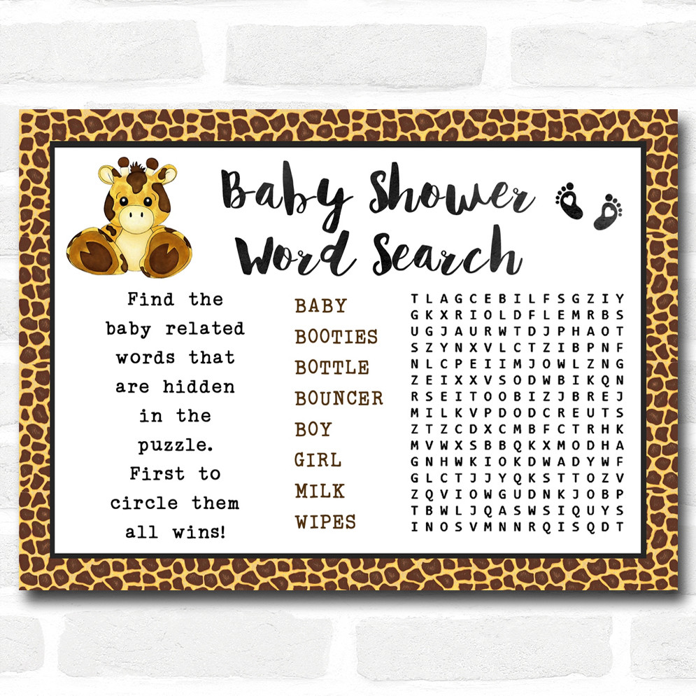 Giraffe Animal Print Baby Shower Games Word Search Cards - The Card Zoo