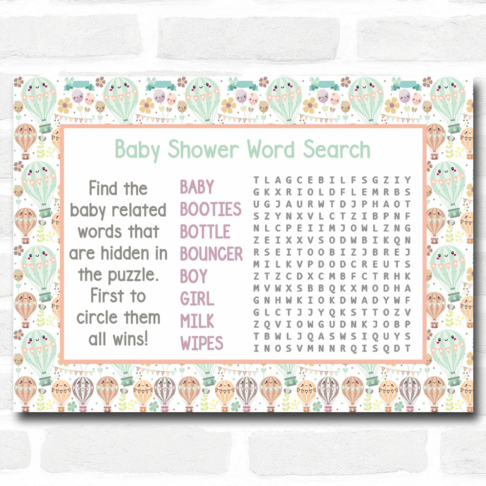 Neutral Hot Air Balloons Baby Shower Games Word Search Cards - The Card Zoo