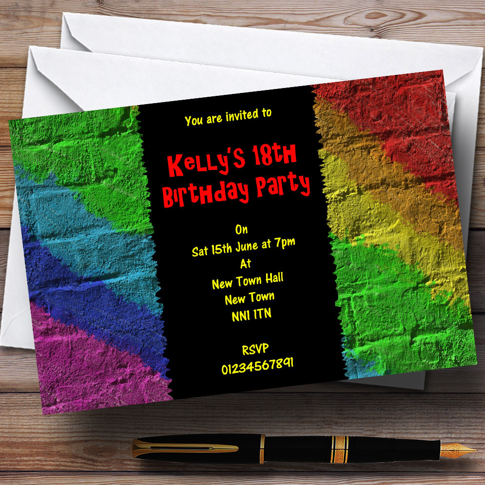 Rainbow Graffiti Wall Personalised Party Invitations - The Card Zoo