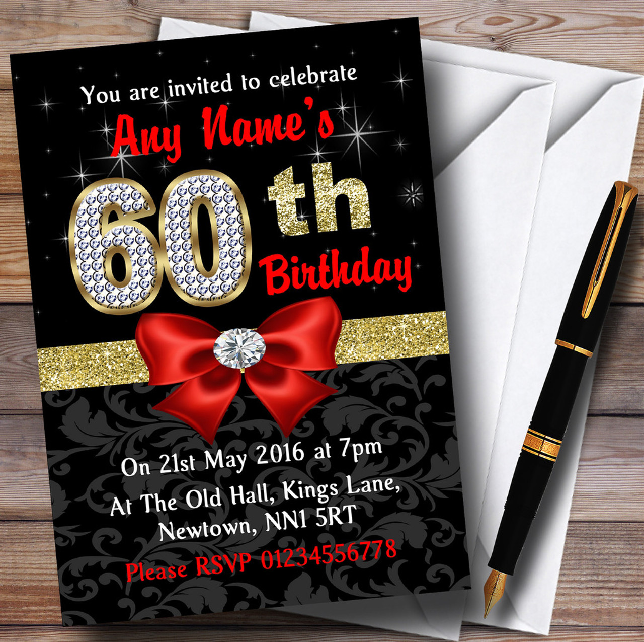 Red Black Gold Diamond 60Th Birthday Party Personalised Invitations The Card Zoo