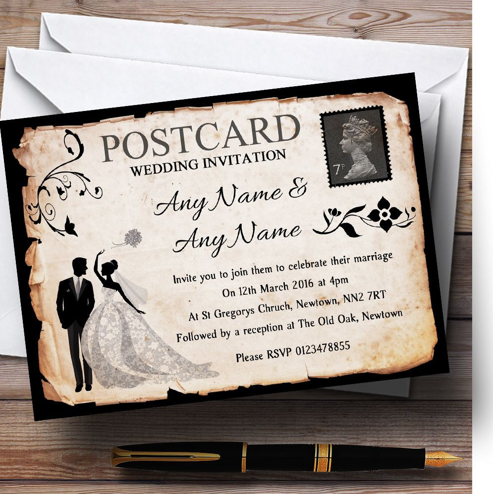 Black White Vintage Rustic Postcard Personalised Wedding Invitations ...