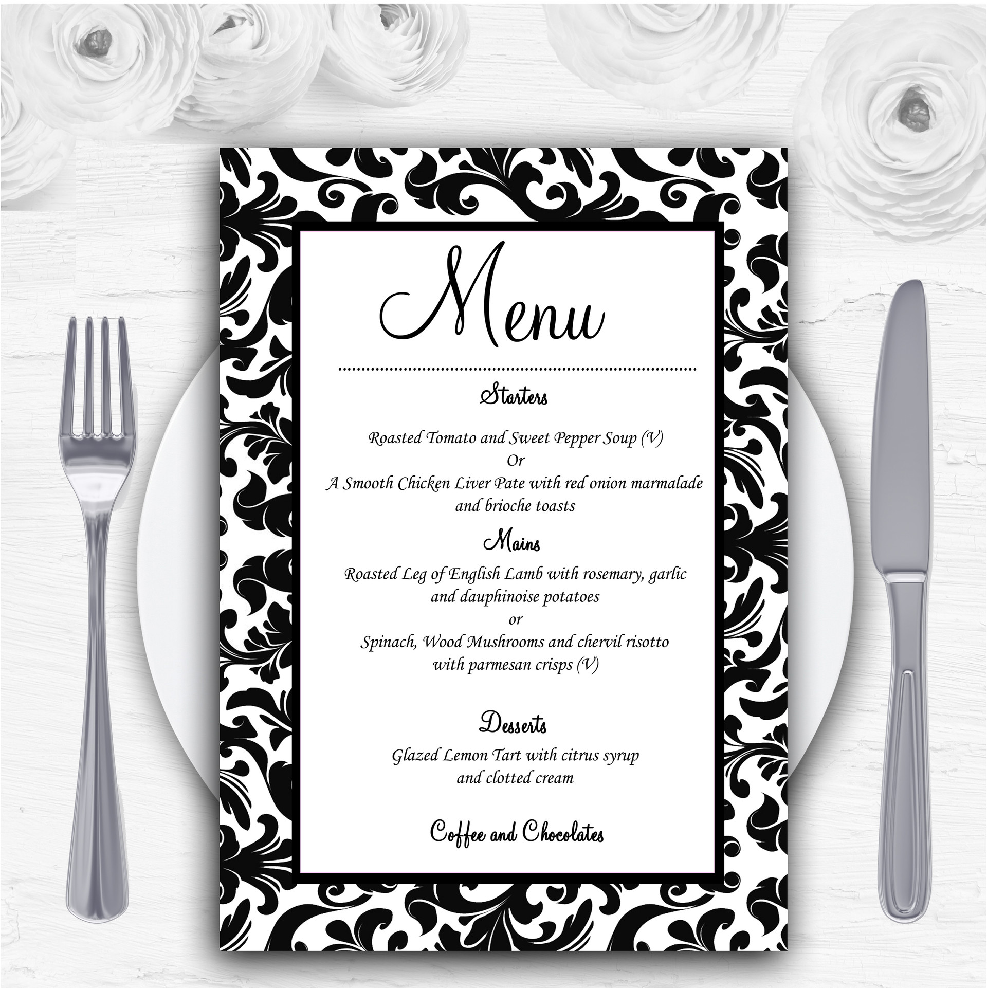 Black and White Damask Personalised Wedding Menu Cards - The Card Zoo