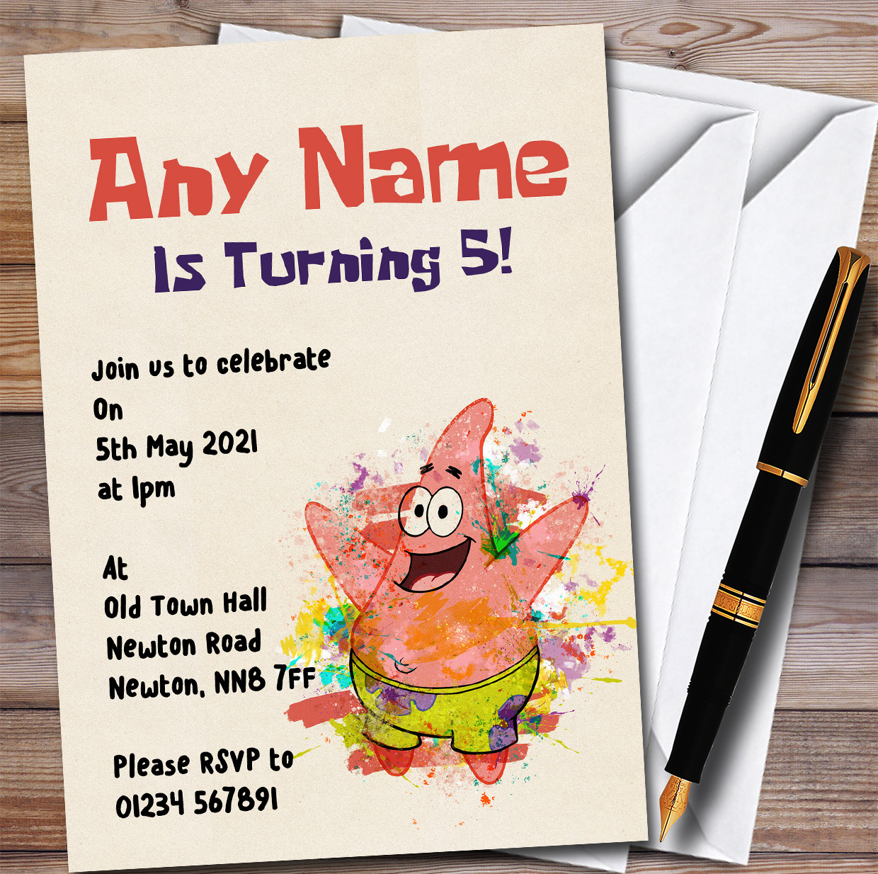 Patrick Star Watercolour Splatter Spongebob Birthday Party Thank You ...