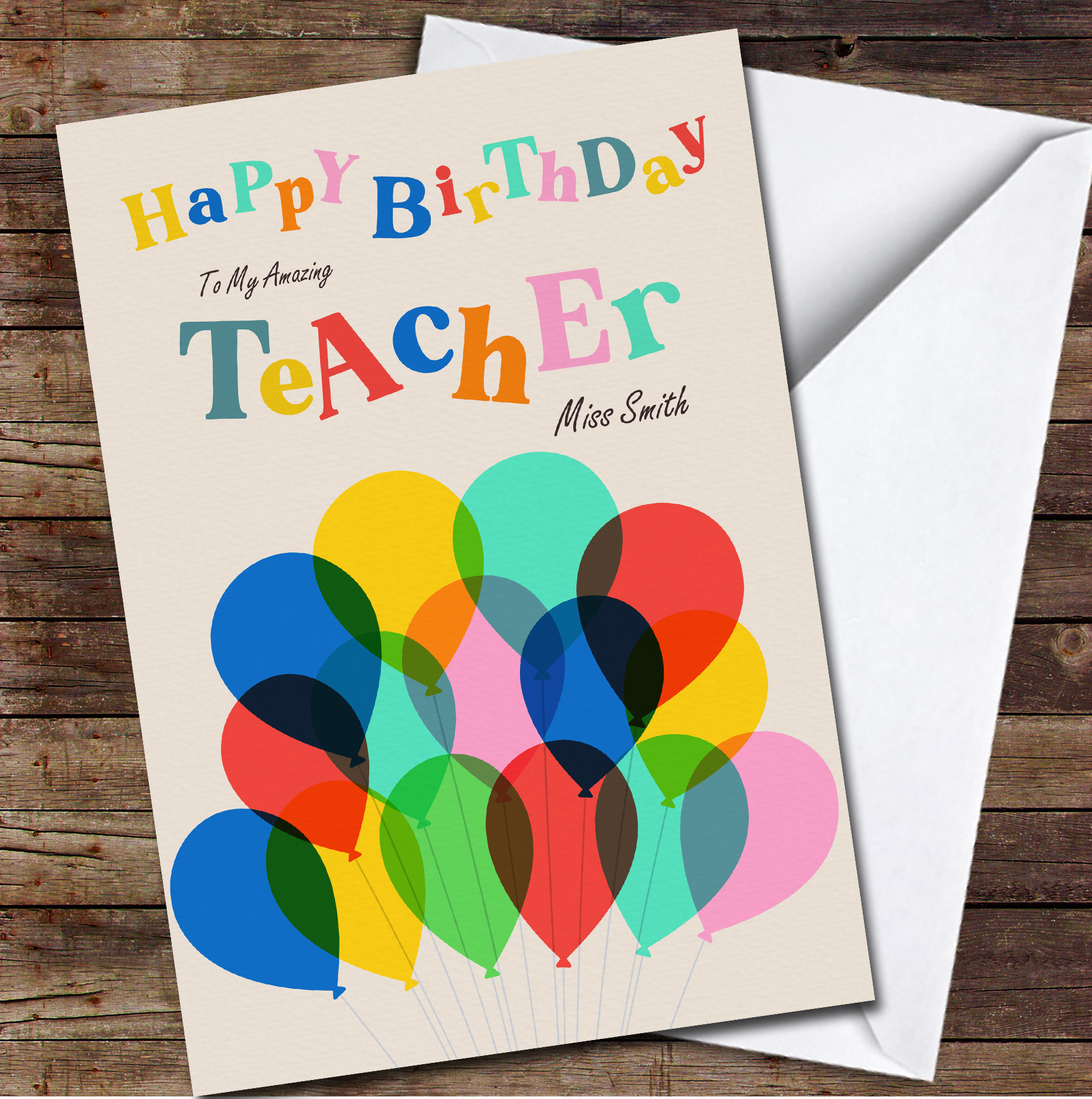 Teacher Birthday Colourful Balloons Card Personalised Birthday Card ...