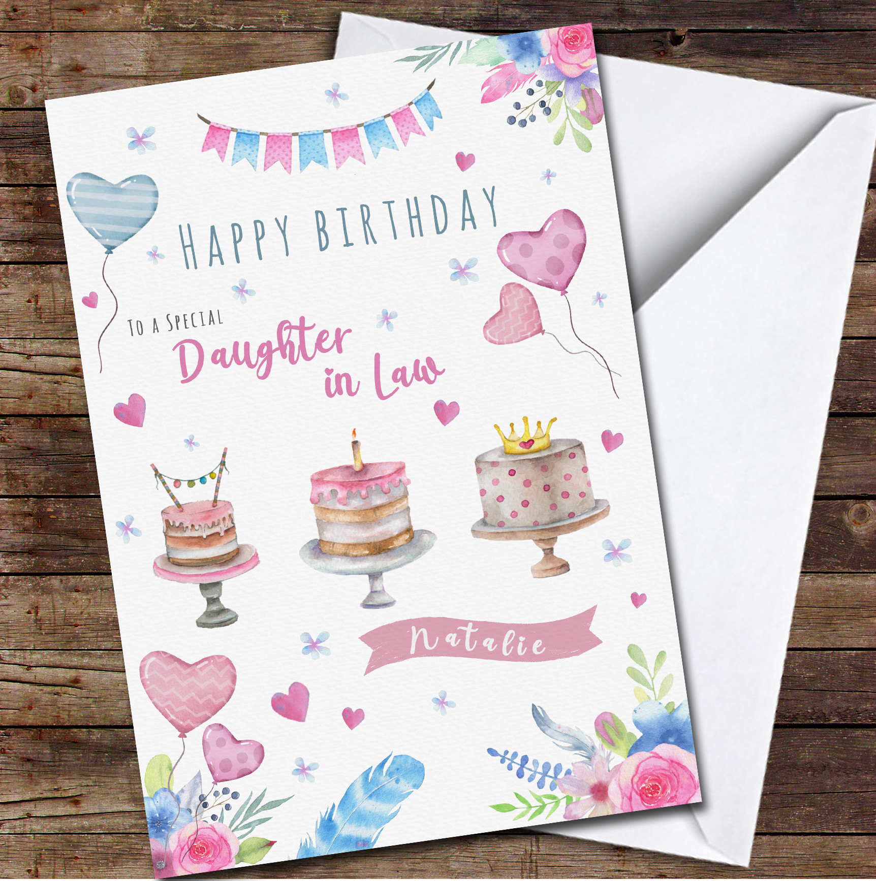 Daughter In Law Heart balloons Any Text Personalised Birthday Card ...