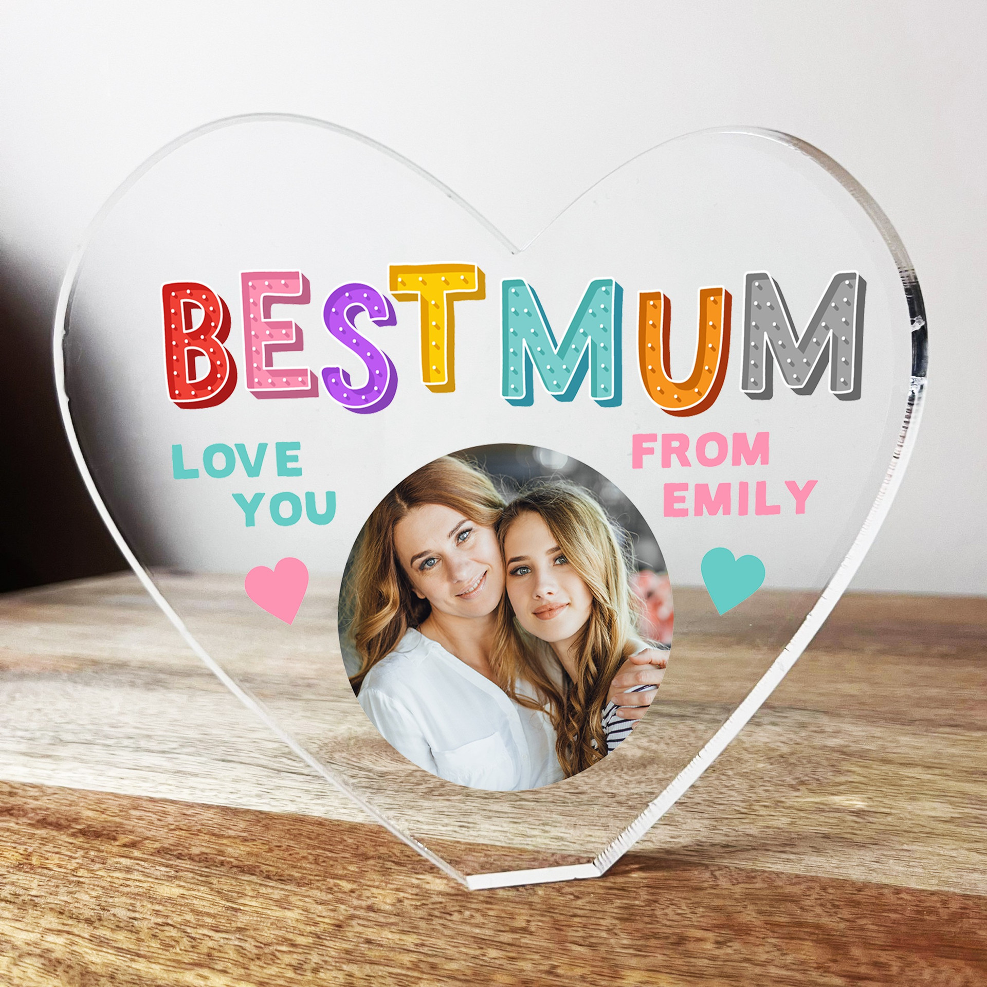 World's Best Mum Trophy Photo Clear Heart Shaped Personalised Acrylic ...