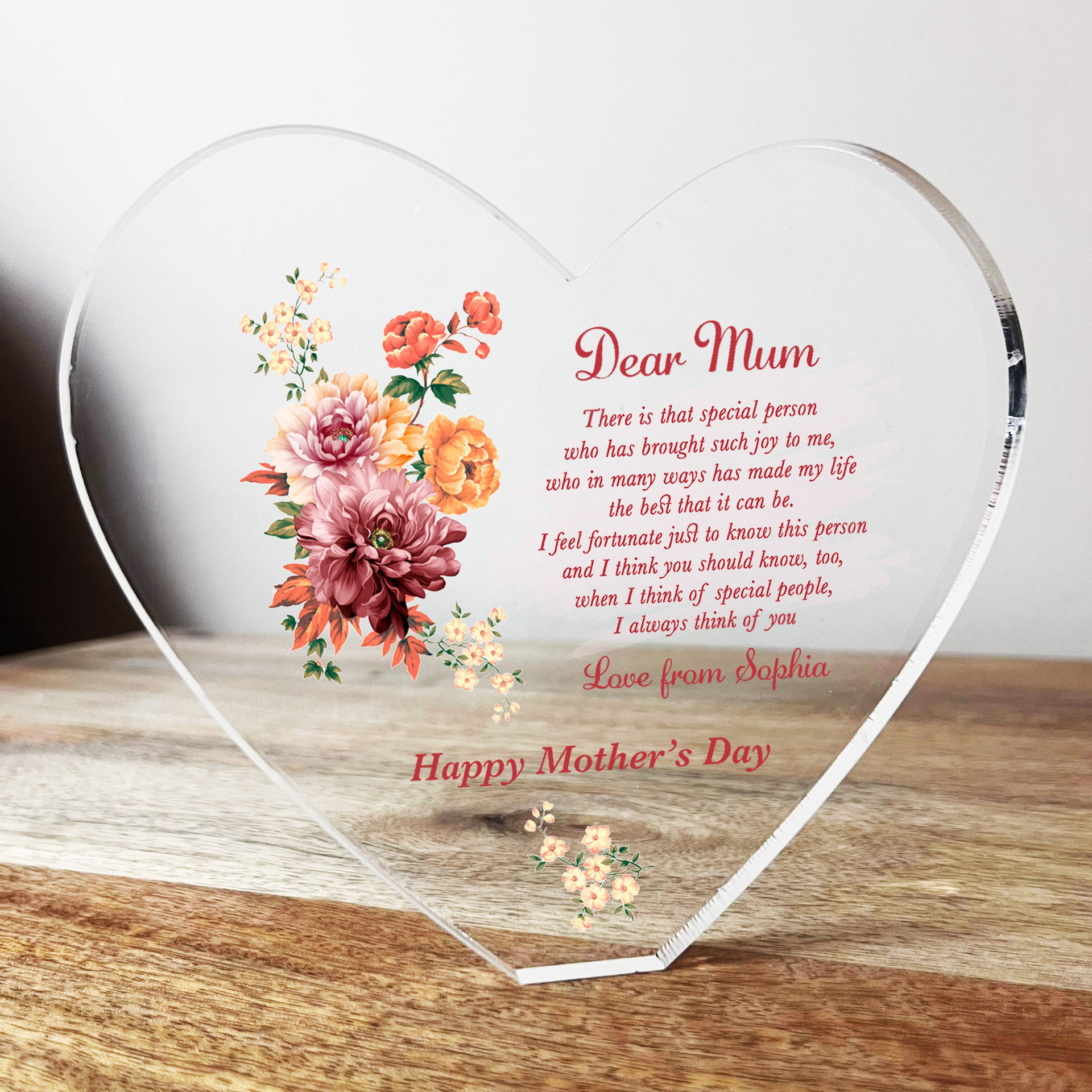 Floral Mum Mother's Day Poem Clear Heart Shaped Personalised Acrylic ...