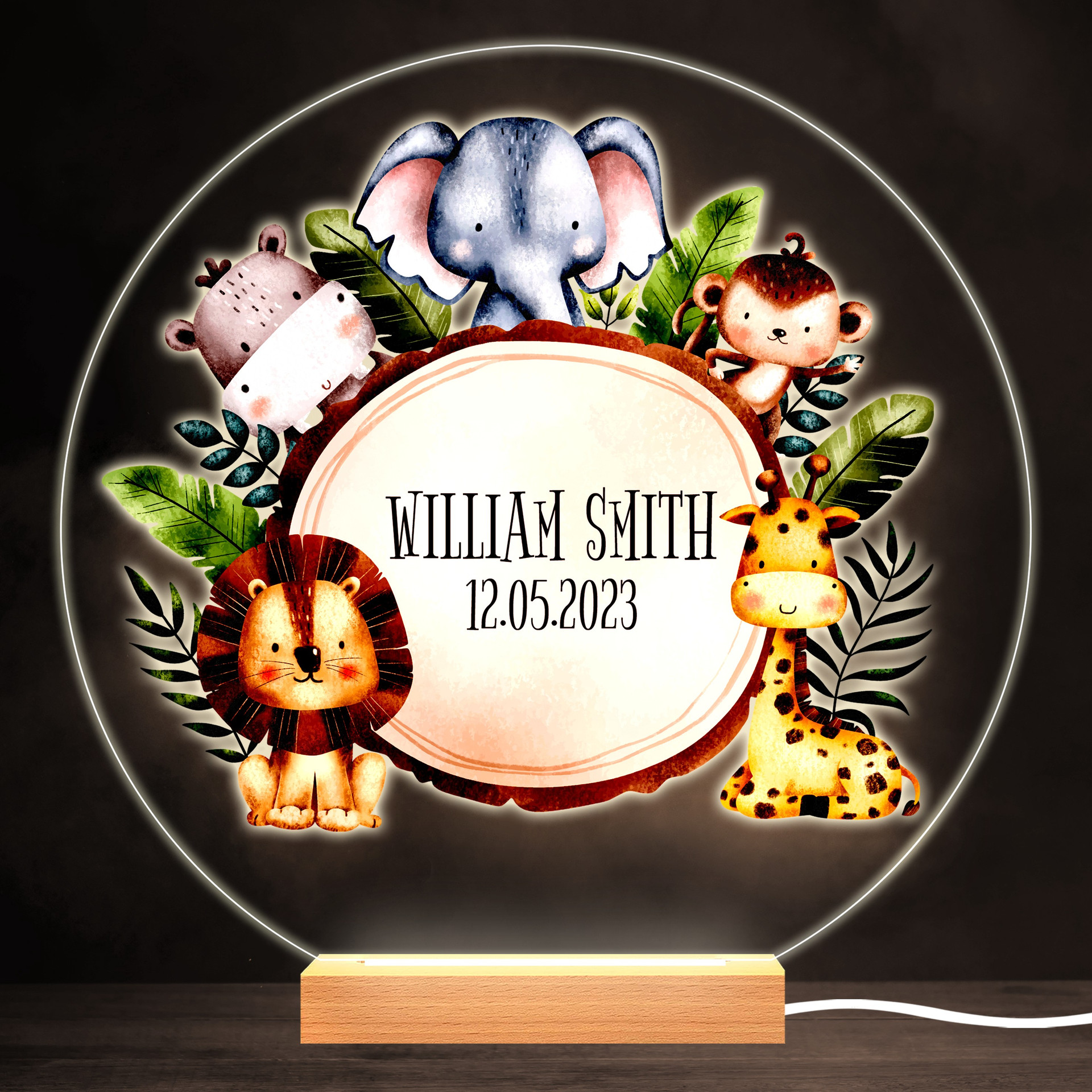Kids Safari Jungle Animals Personalised Gift Warm White Lamp Night ...