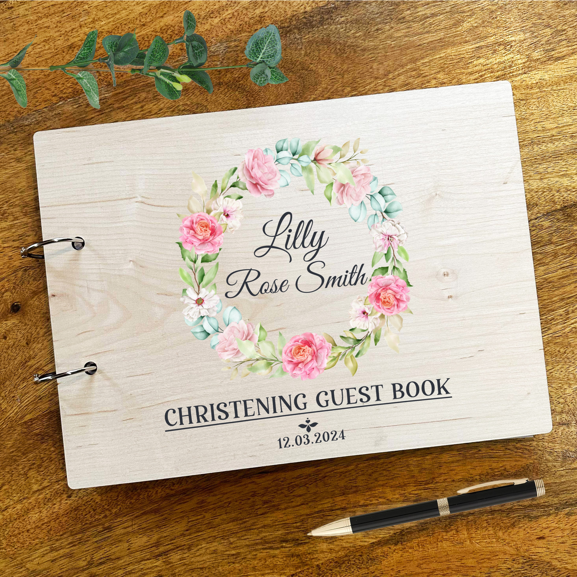 Wood Watercolour Floral Wreath Message Notes Keepsake Christening Guest ...