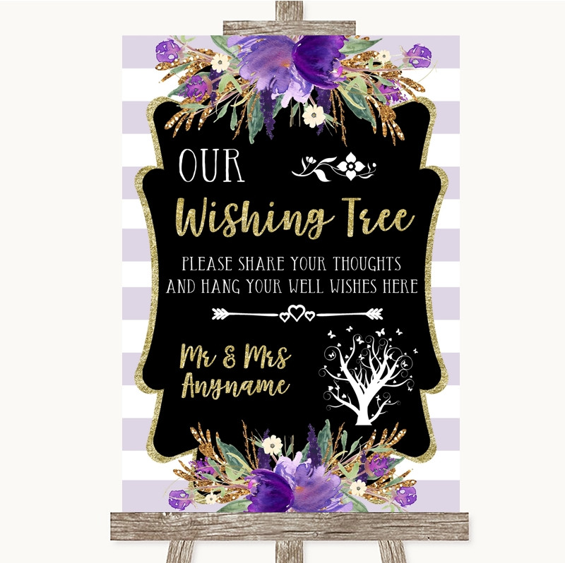 Black & White Stripes Purple Wishing Tree Personalised Wedding Sign ...