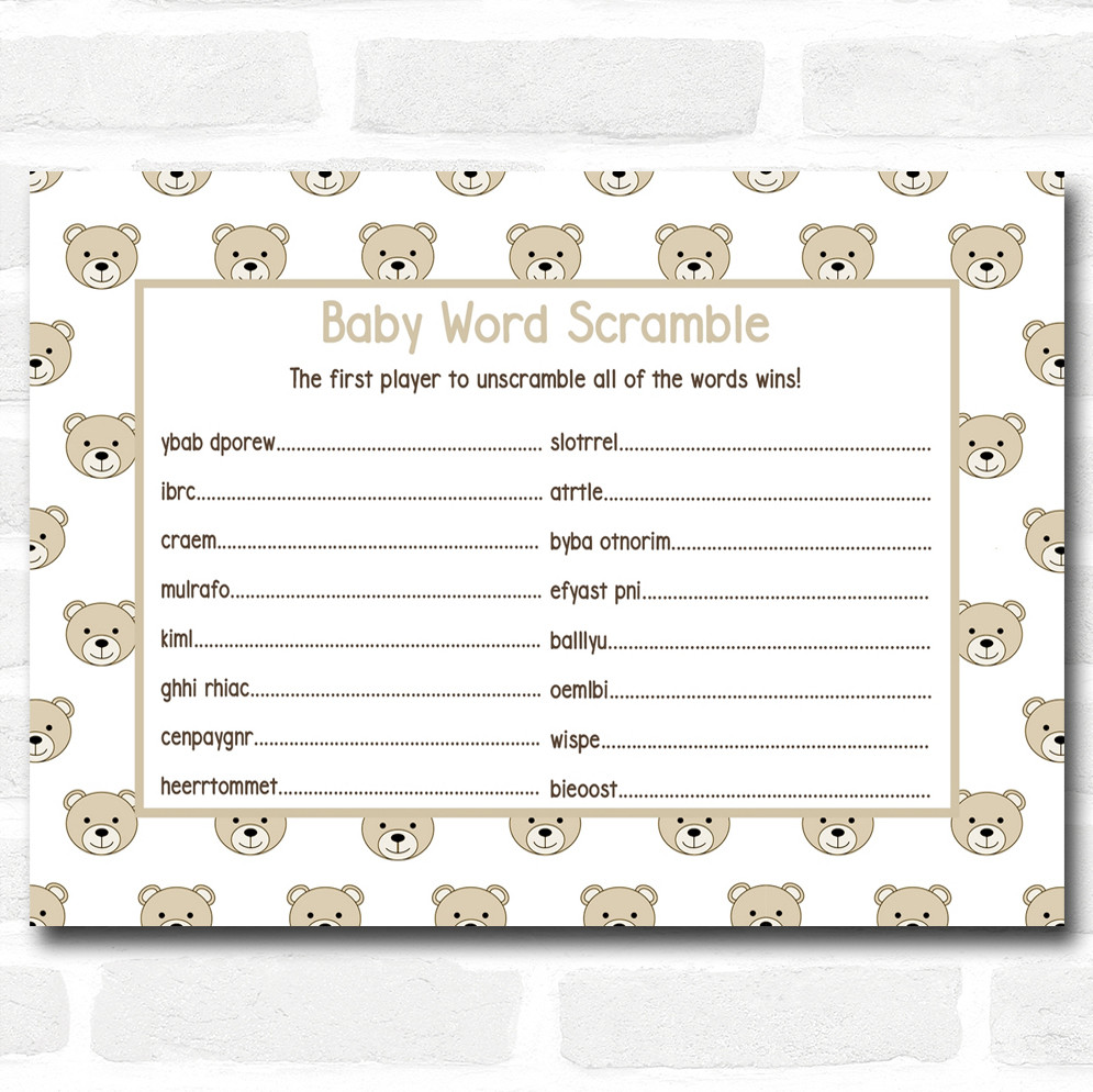Neutral Teddys Baby Shower Games Word Scramble Cards - The Card Zoo