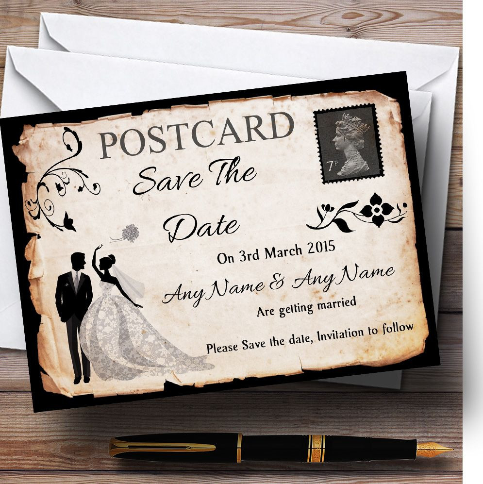 Black White Vintage Rustic Postcard Personalised Wedding Invitations ...