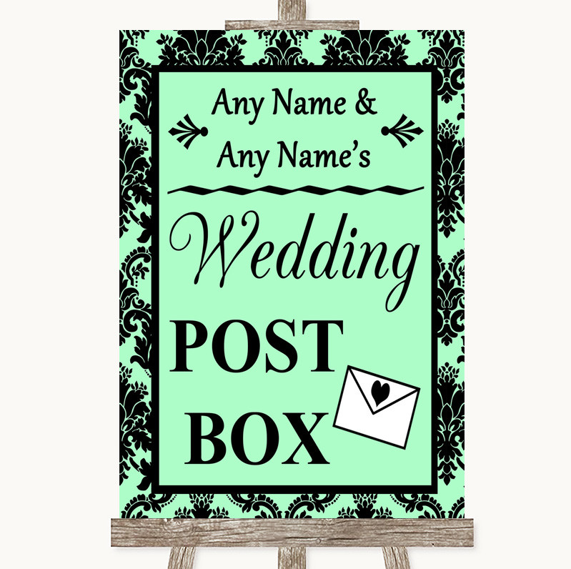 Sage Green Damask Card Post Box Personalised Wedding Sign - The Card Zoo
